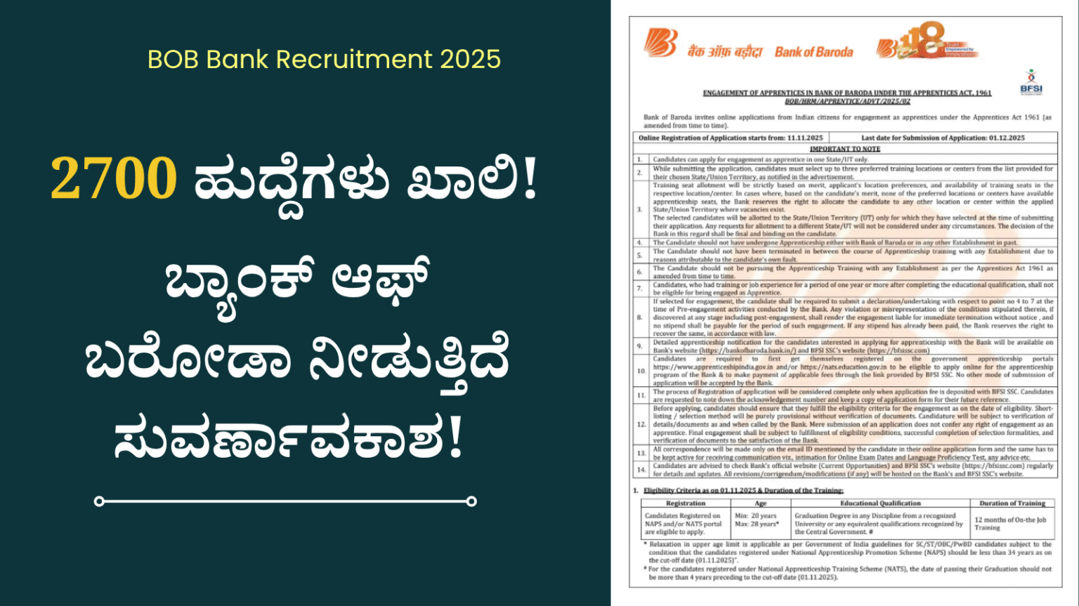 BOB Bank Recruitment 2025 - ಬರೋಬ್ಬರಿ 2700 ಹುದ್ದೆಗಳ ಬೃಹತ್ ನೇಮಕಾತಿ ...